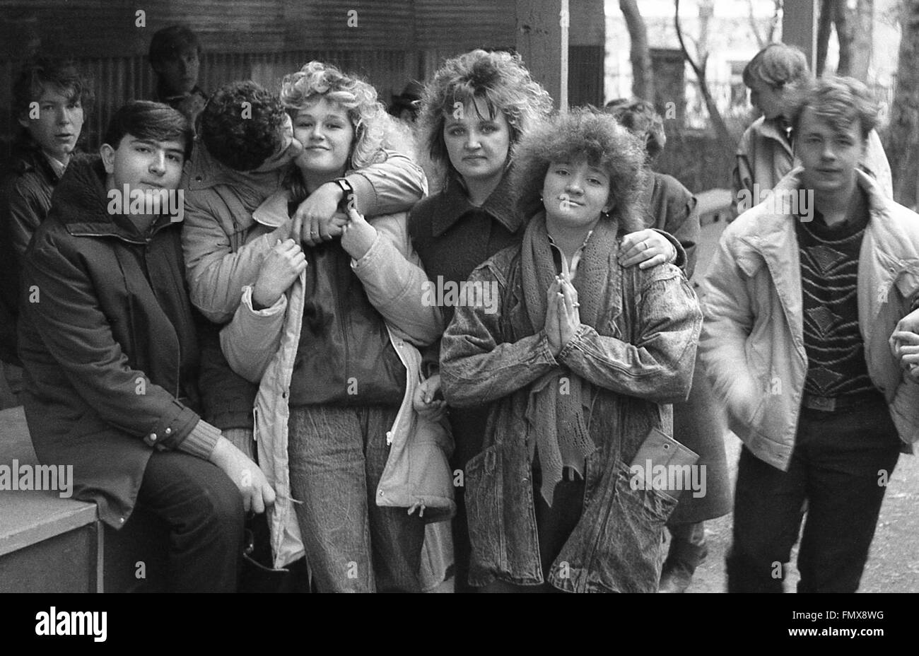 Group of teenagers. North Caucasus. The USSR, circa 1989. Film scan ...
