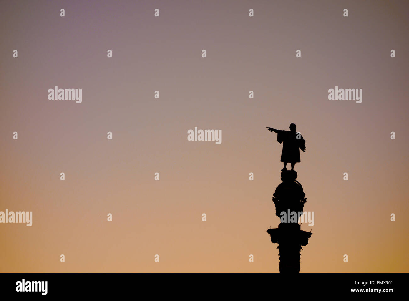 Barcelona Christopher Columbus statue silhouette over sunset clear sky ...