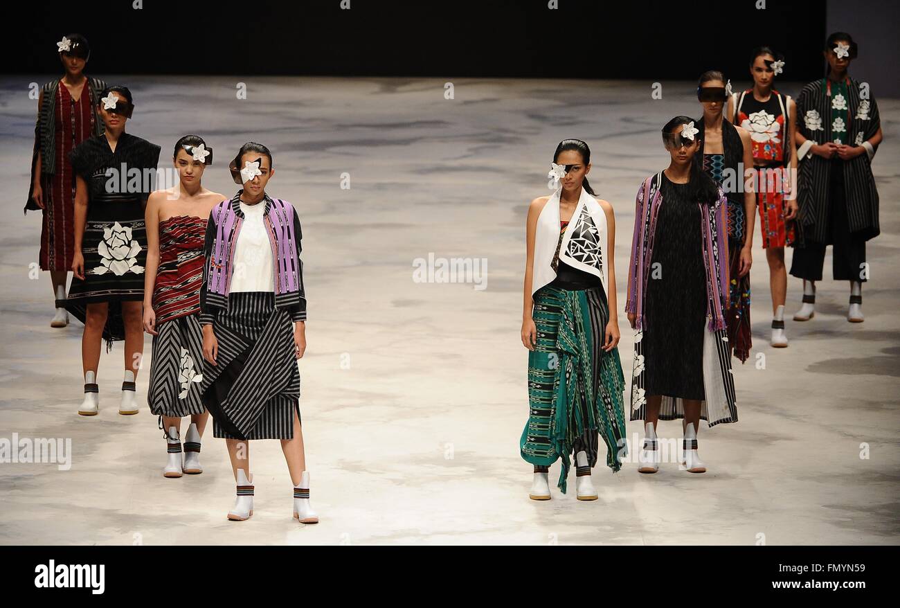 Jakarta, Indonesia. 13th Mar, 2016. Models showcase designs by LPTB ...
