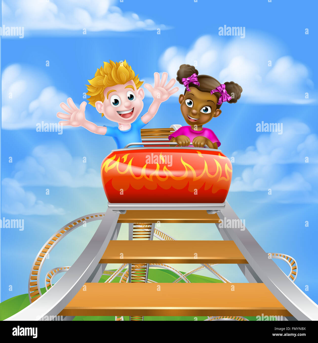 Cartoon boy and girl riding on a roller coaster ride at a theme park or ...