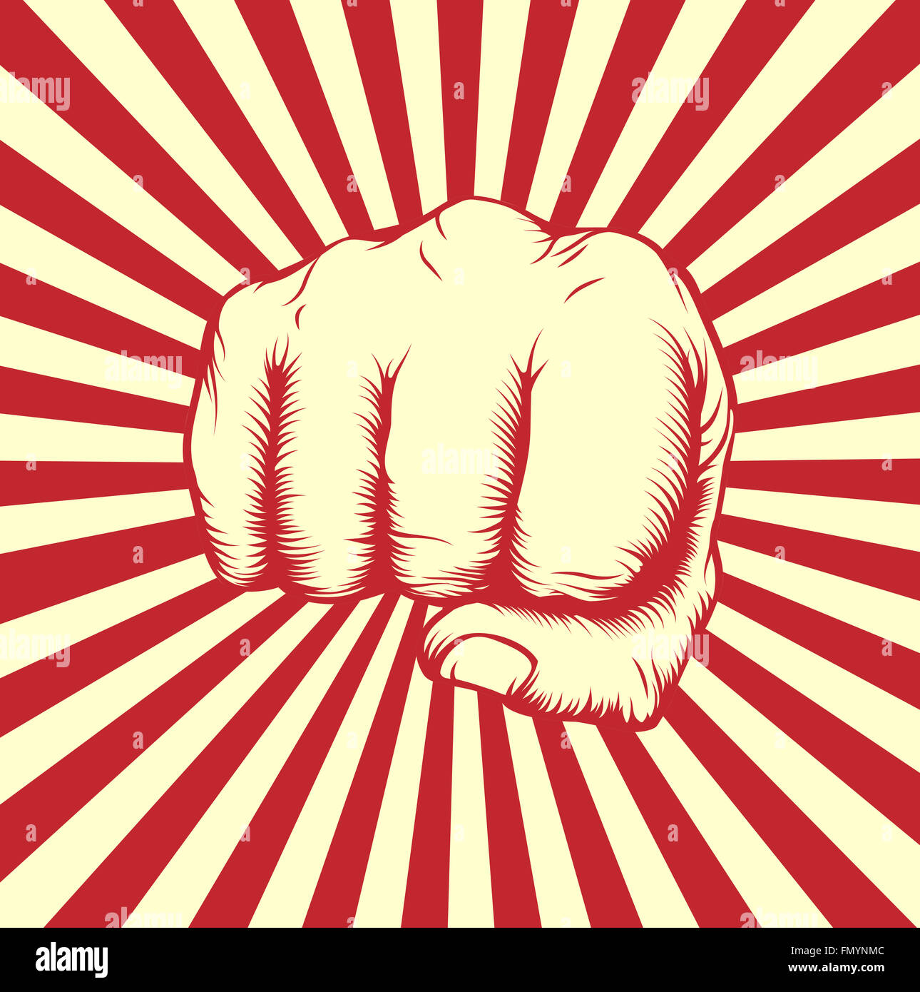 An original design of a fist in a vintage propaganda poster woodcut ...