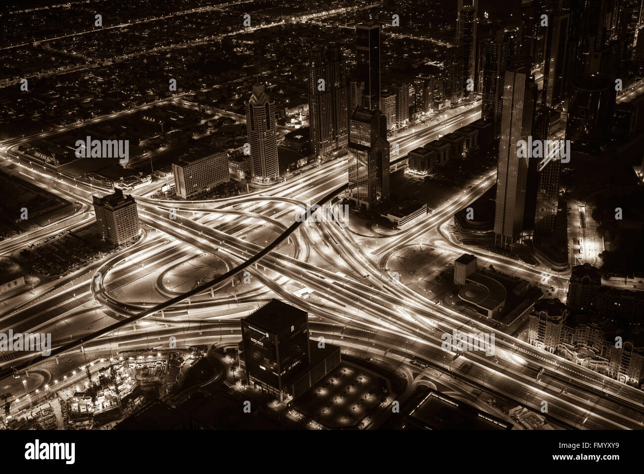 Dubai downtown night scene with city lights. Top view from above Stock ...