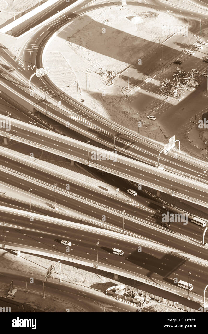 Top view of highway interchange in Dubai, UAE. Sepia toned Stock Photo ...