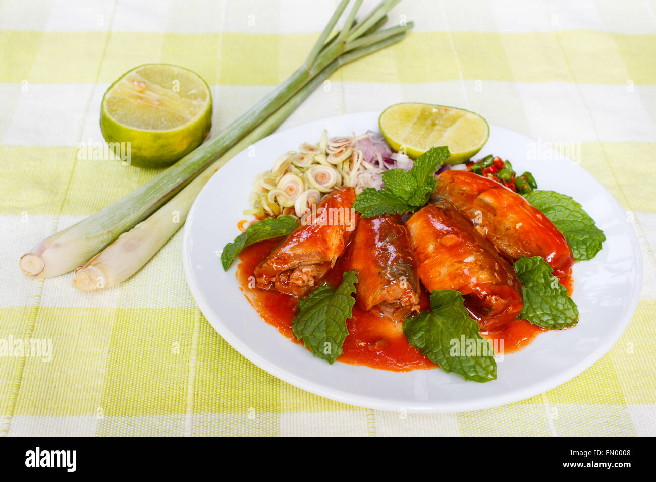 Spicy Sardines in tomato sauce canned fish,Yum thai food style Stock ...