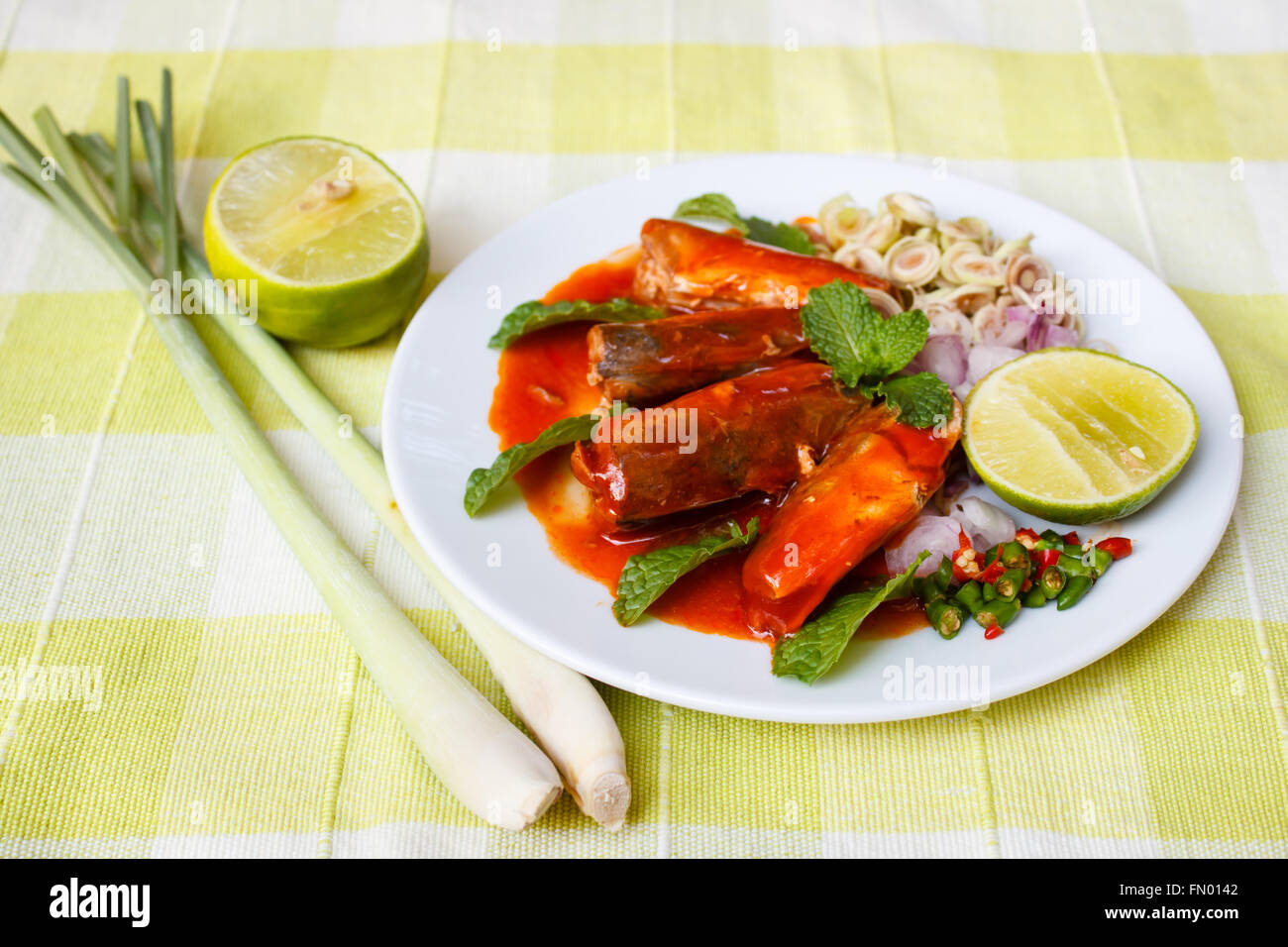 Spicy Sardines in tomato sauce canned fish,Yum thai food style Stock ...