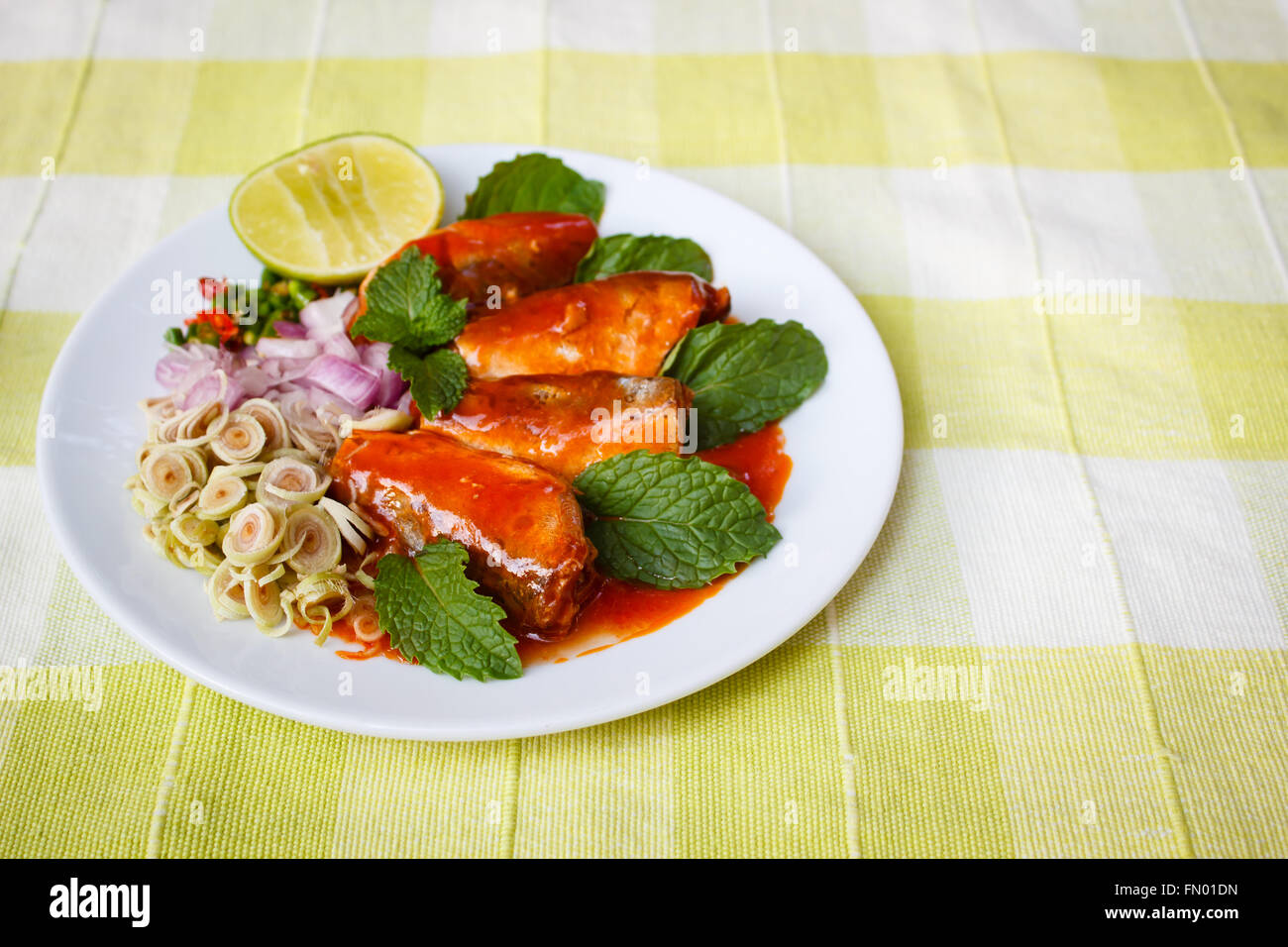 Spicy Sardines in tomato sauce canned fish,Yum thai food style Stock ...