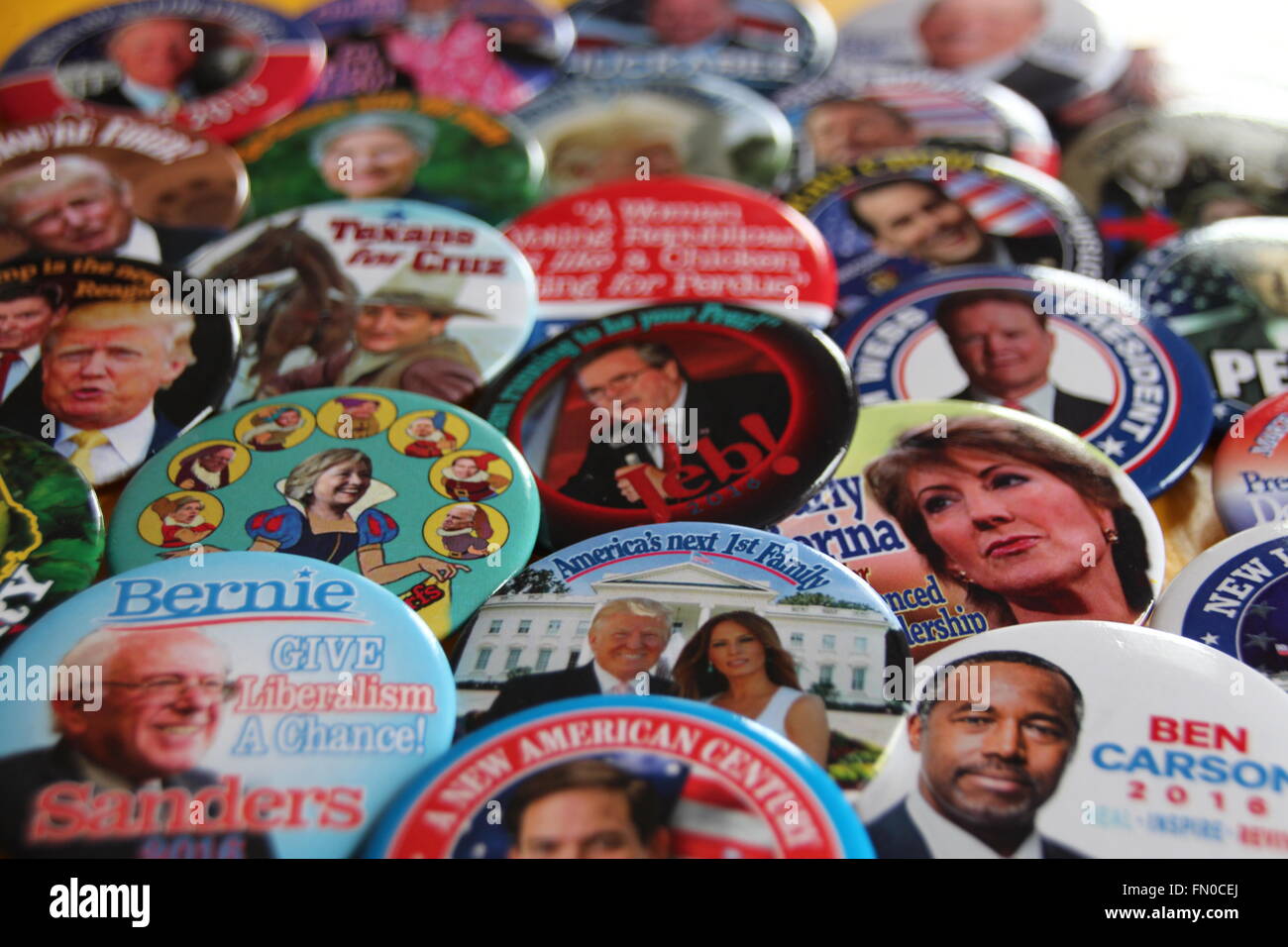 New York, USA. 11th Mar, 2016. Campaign buttons from former and current ...