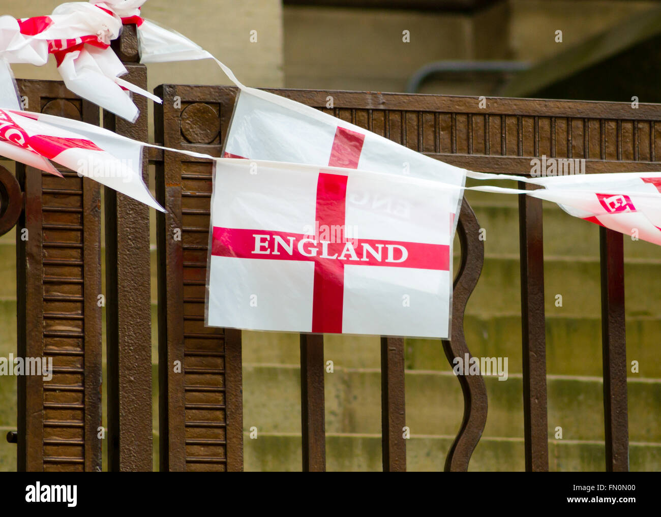 Decorative English flags hanging from the roof of a pub. Bolton, United ...