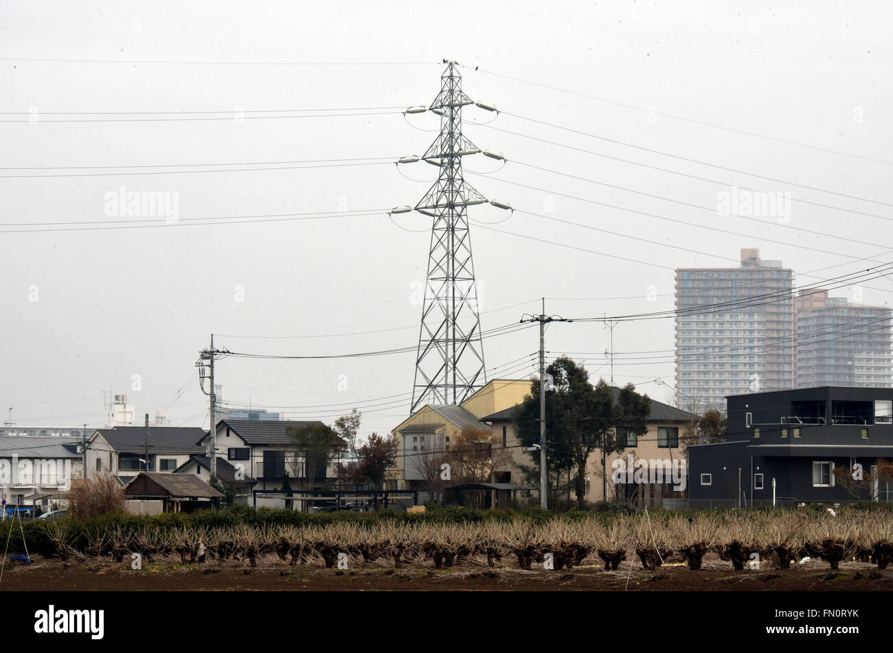 Saitama City, Japan. 13th Mar, 2016. High-voltage power lines are ...