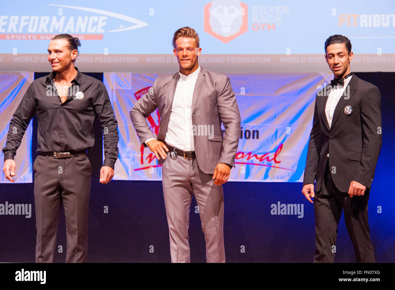 MAASTRICHT, THE NETHERLANDS - OCTOBER 25, 2015: Male fitness models Joy ...