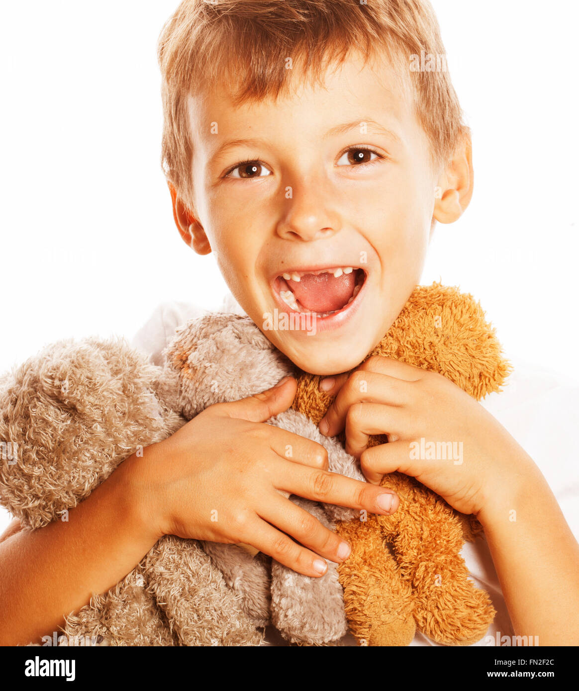 little cute boy with many teddy bears hugging isolated close up Stock ...