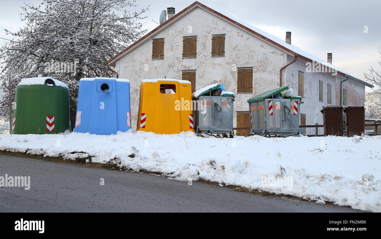 many bins for the collection of waste in the mountain town Stock Photo ...