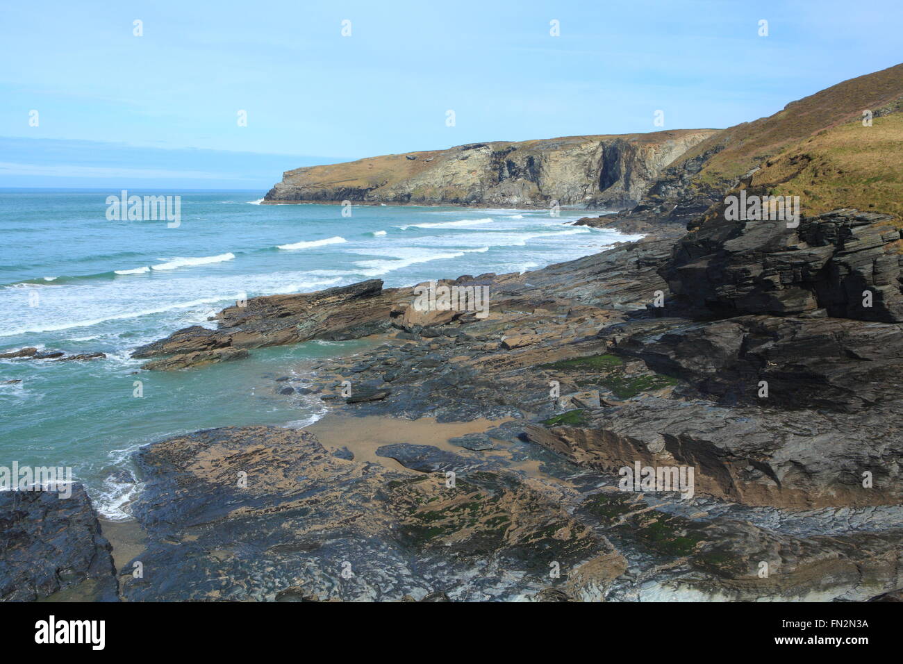 Trebarwith Strand - Spring view, North Cornwall, England, UK Stock ...