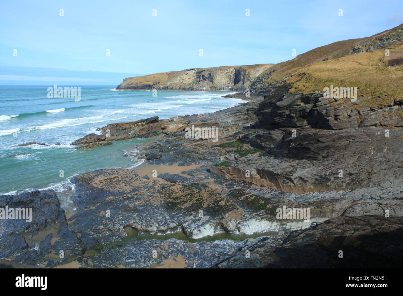Trebarwith Strand - Spring view, North Cornwall, England, UK Stock ...