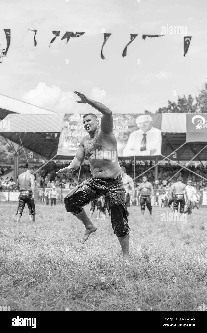Wrestlers Turkish pehlivan at the competition in traditional Kirkpinar ...