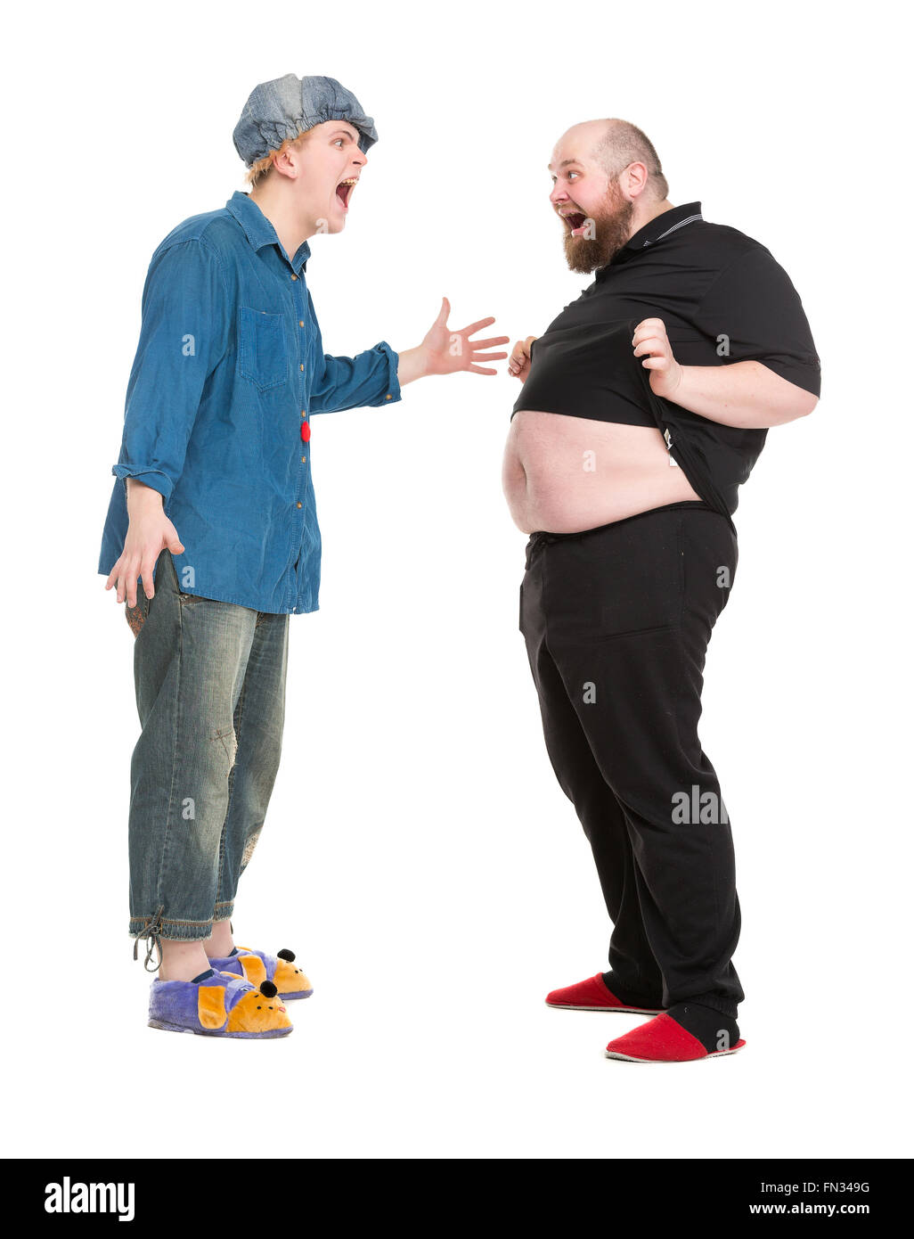 Actor Dressed as Fairy-Tale Hero Talking with Fatman, isolated on white ...