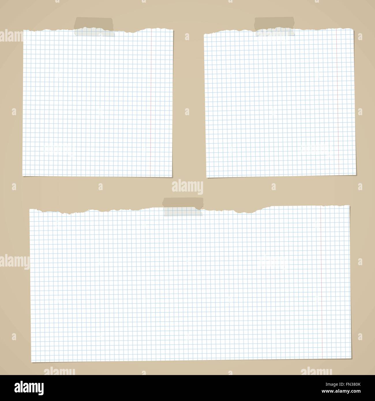 Pieces of torn white squared notebook paper with sticky tape on brown ...