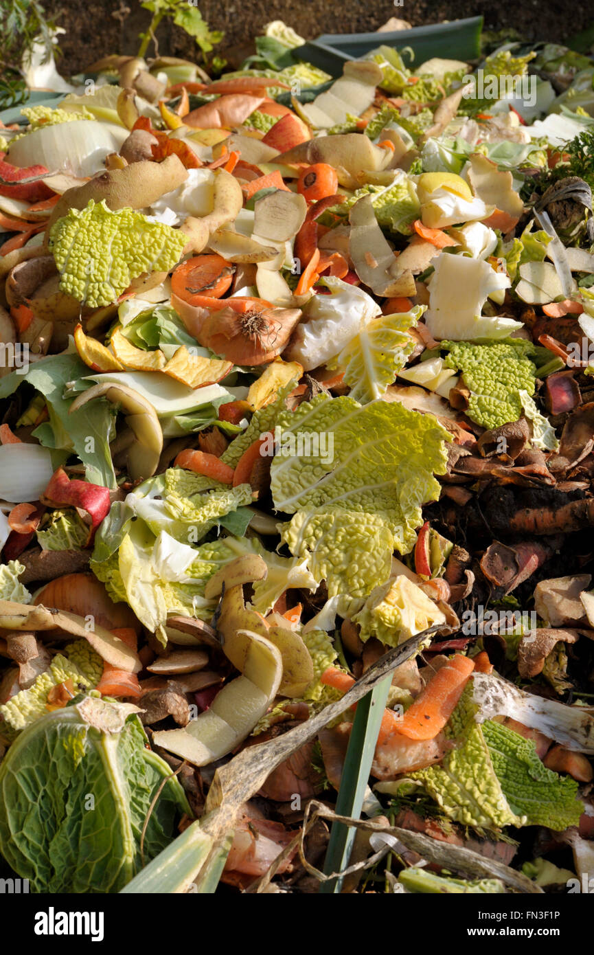 Garden compost heap with kitchen food waste, vegetables, fruit peel and ...