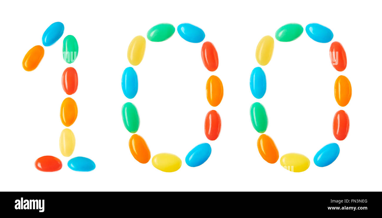 100 number made of multicolored candies isolated on white background ...