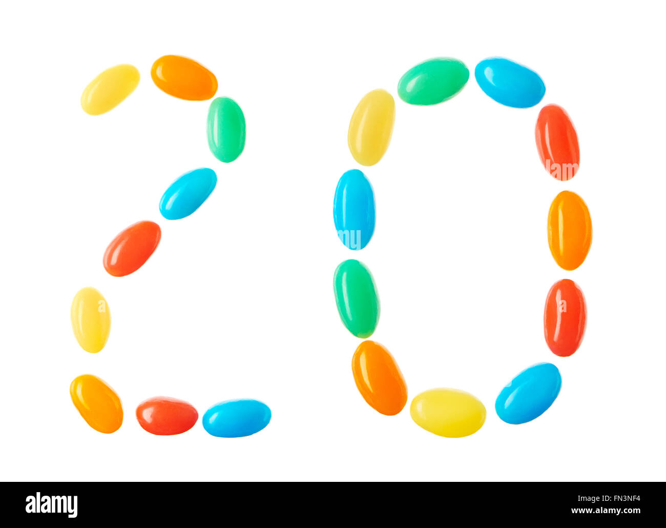 20 number made of multicolored candies isolated on white background ...