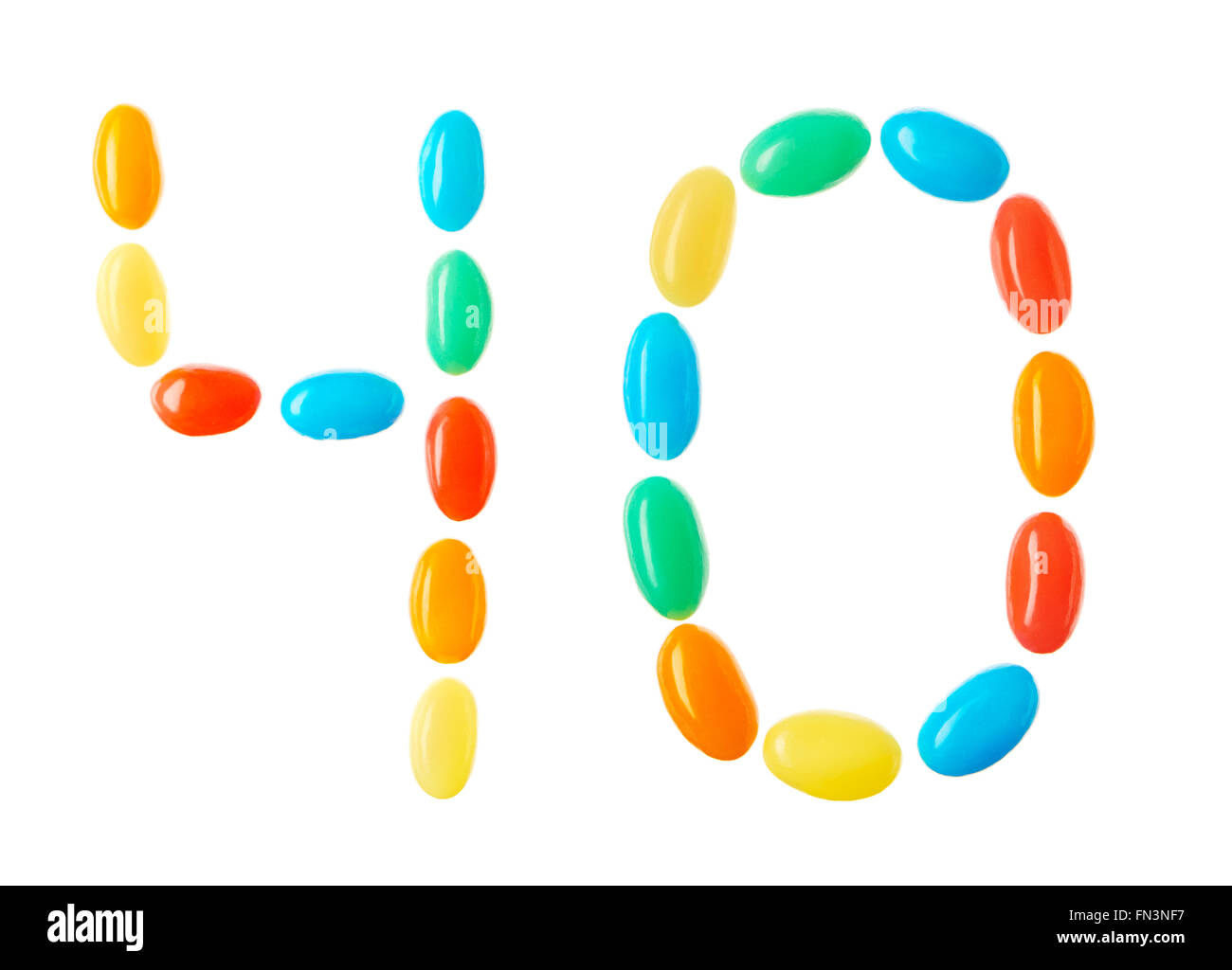 40 number made of multicolored candies isolated on white background ...