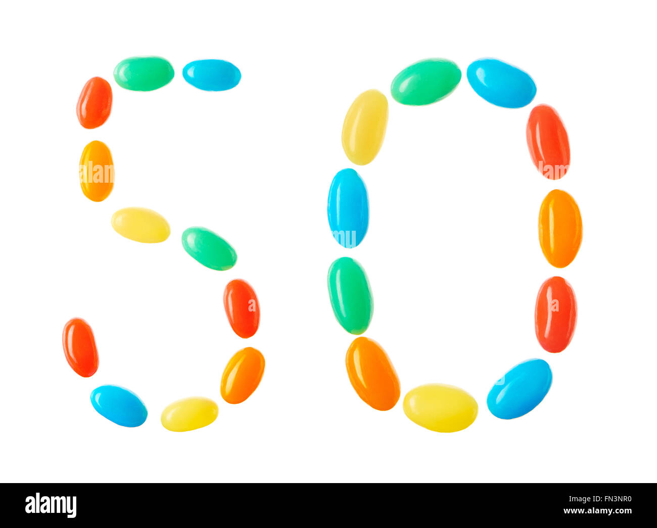 50 number made of multicolored candies isolated on white background ...