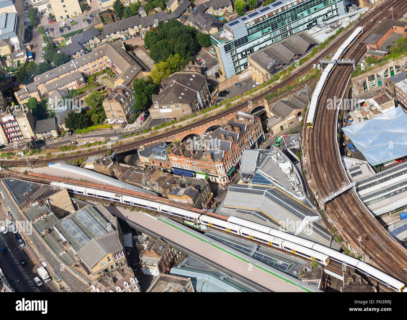 Aerial view of a railway triangle with trains in London, UK Stock Photo ...
