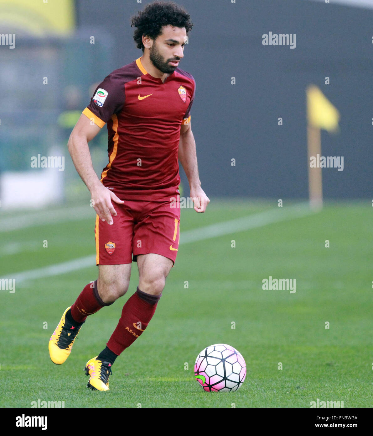 Udine, Italy. 13th Mar, 2016. Roma's forward Mohamed Salah controls the ...