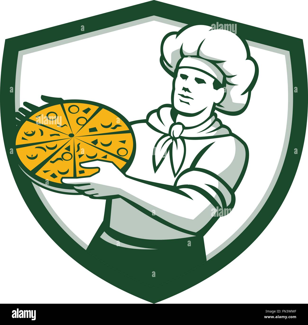 Illustration of a pizza chef baker holding pizza viewed from front set ...