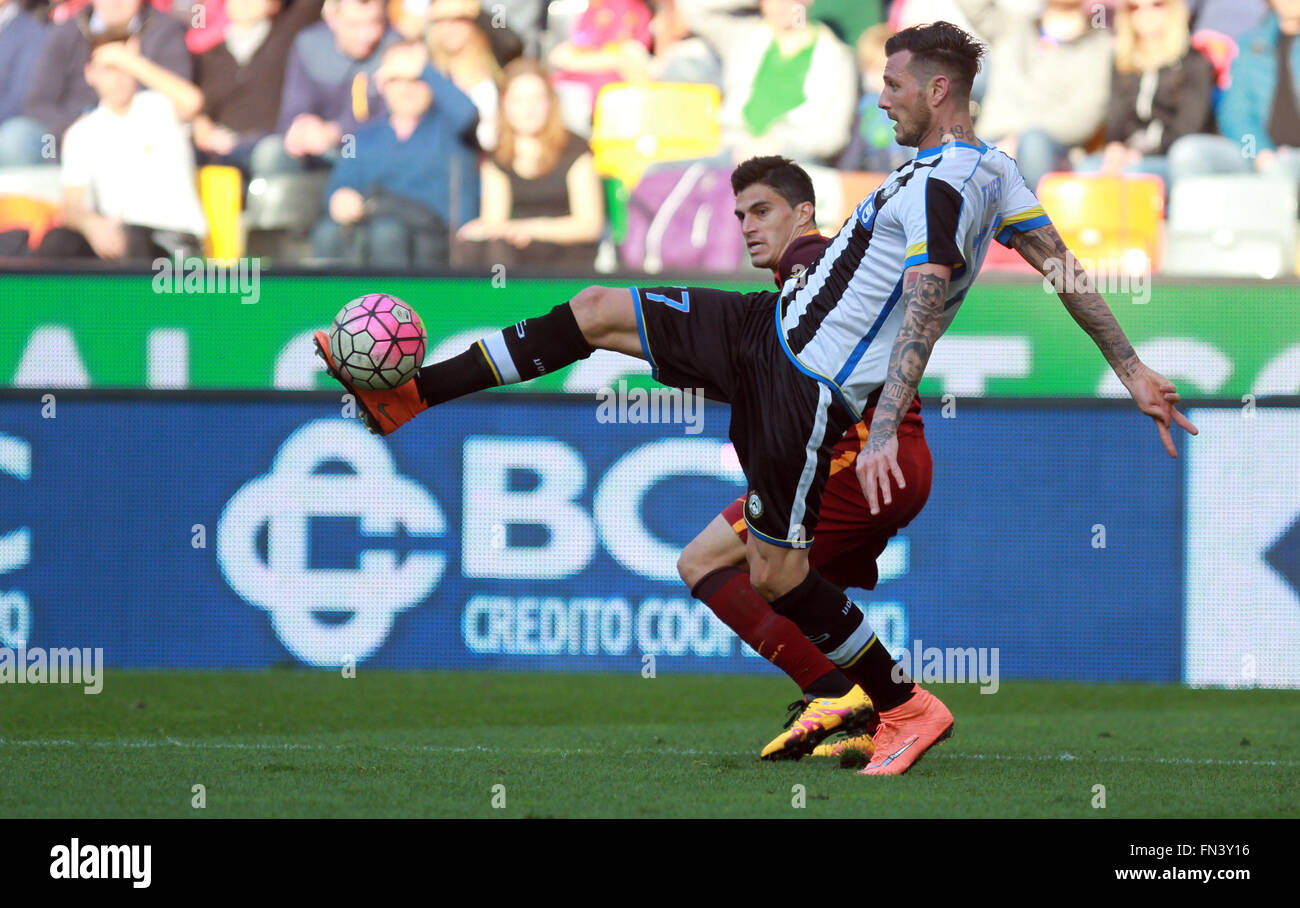 Udine, Italy. 13th Mar, 2016. Udinese's forward Cyril Thereau controls ...