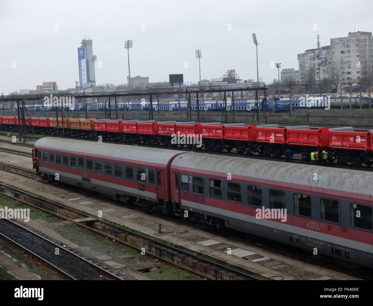 Bucharest, Romania, March 13, 2016: Passenger trains are seen the ...