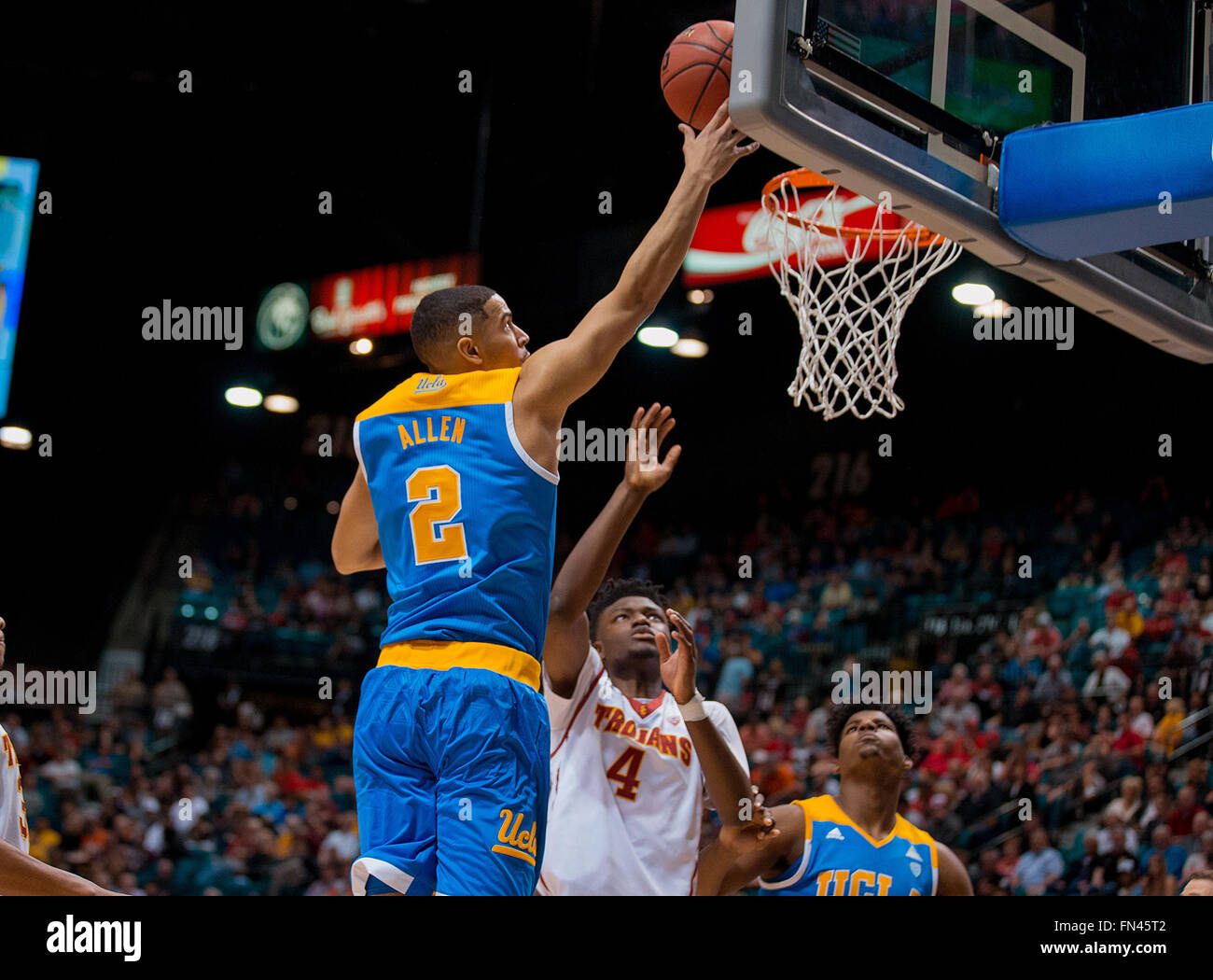 Las Vegas, NV, USA. 09th Mar, 2016. UCLA forward (2) Noah Allen goes up ...