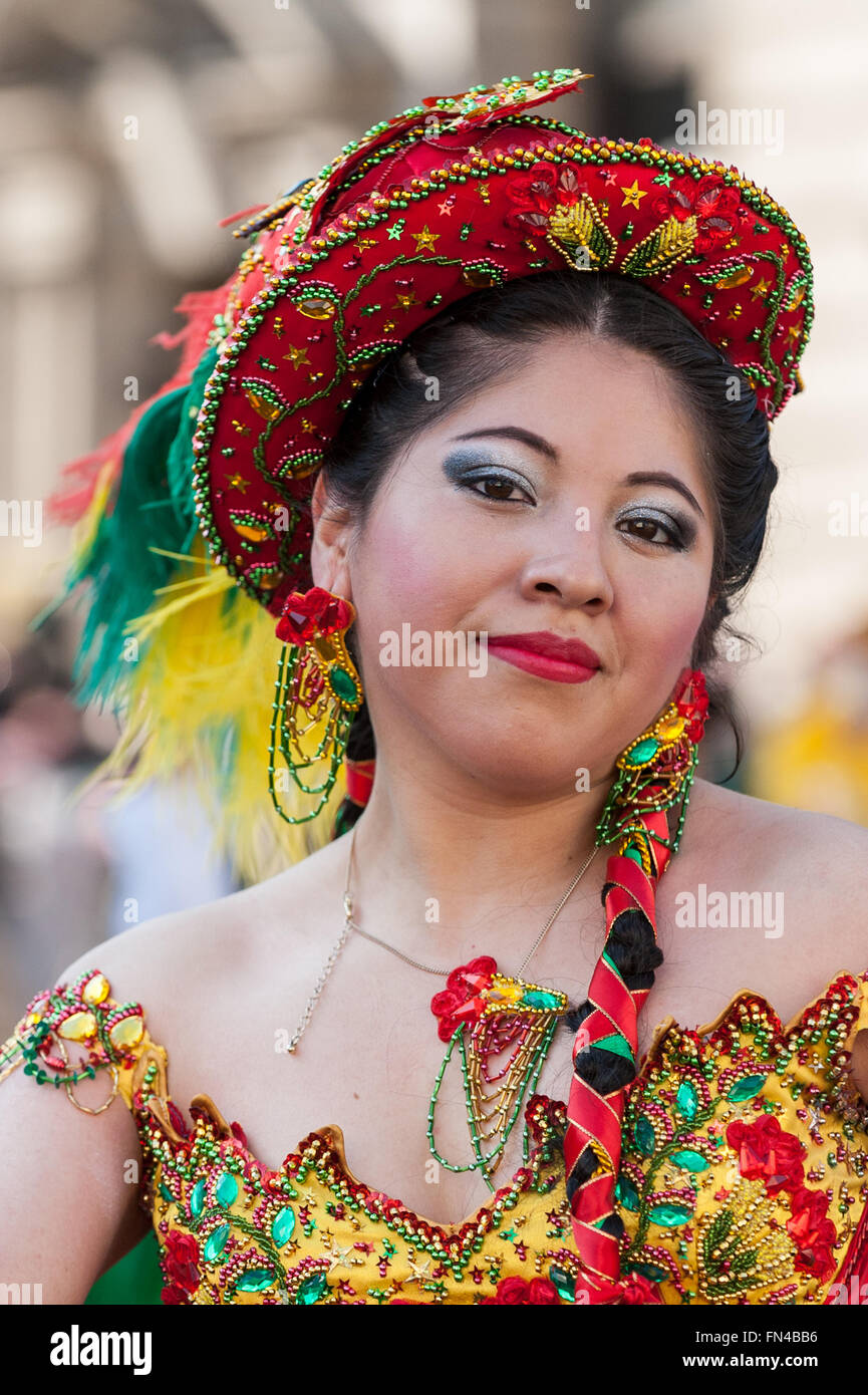 London, UK. 13 March 2016. A Bolivian dancer is one of the participants ...