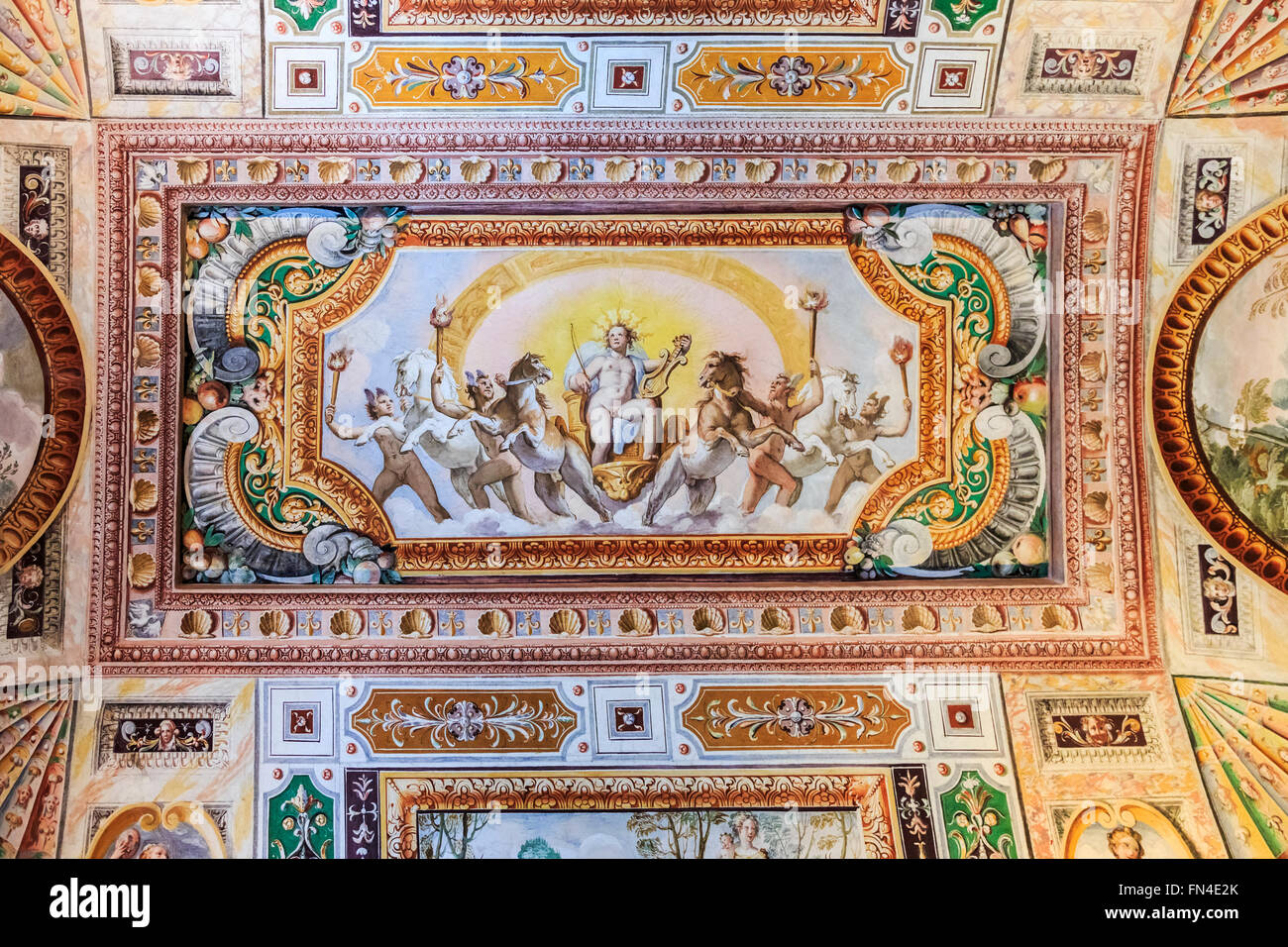 Beautiful, colourful painted ceiling fresco in the interior of Villa d ...