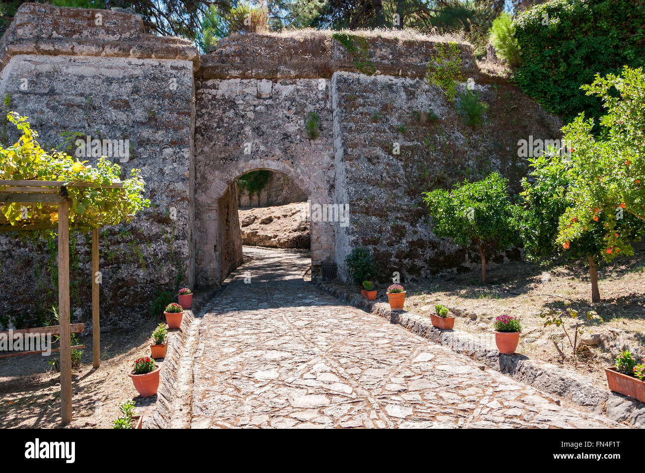 Paved path to the Venetian Bohali Castle in Zakynthos city, Greece ...