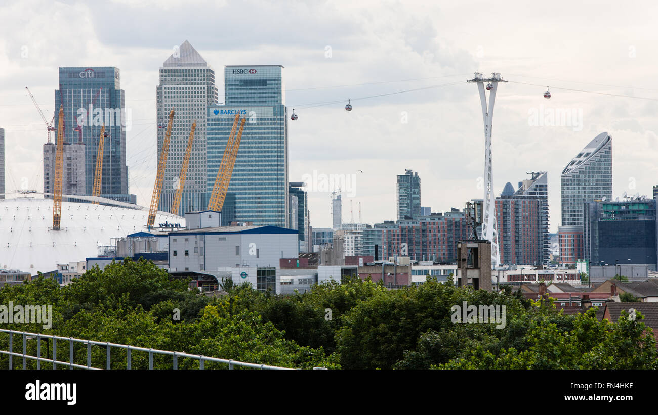 General view of Canary Wharf,Emirates London Thames Cable Cars and 02 ...