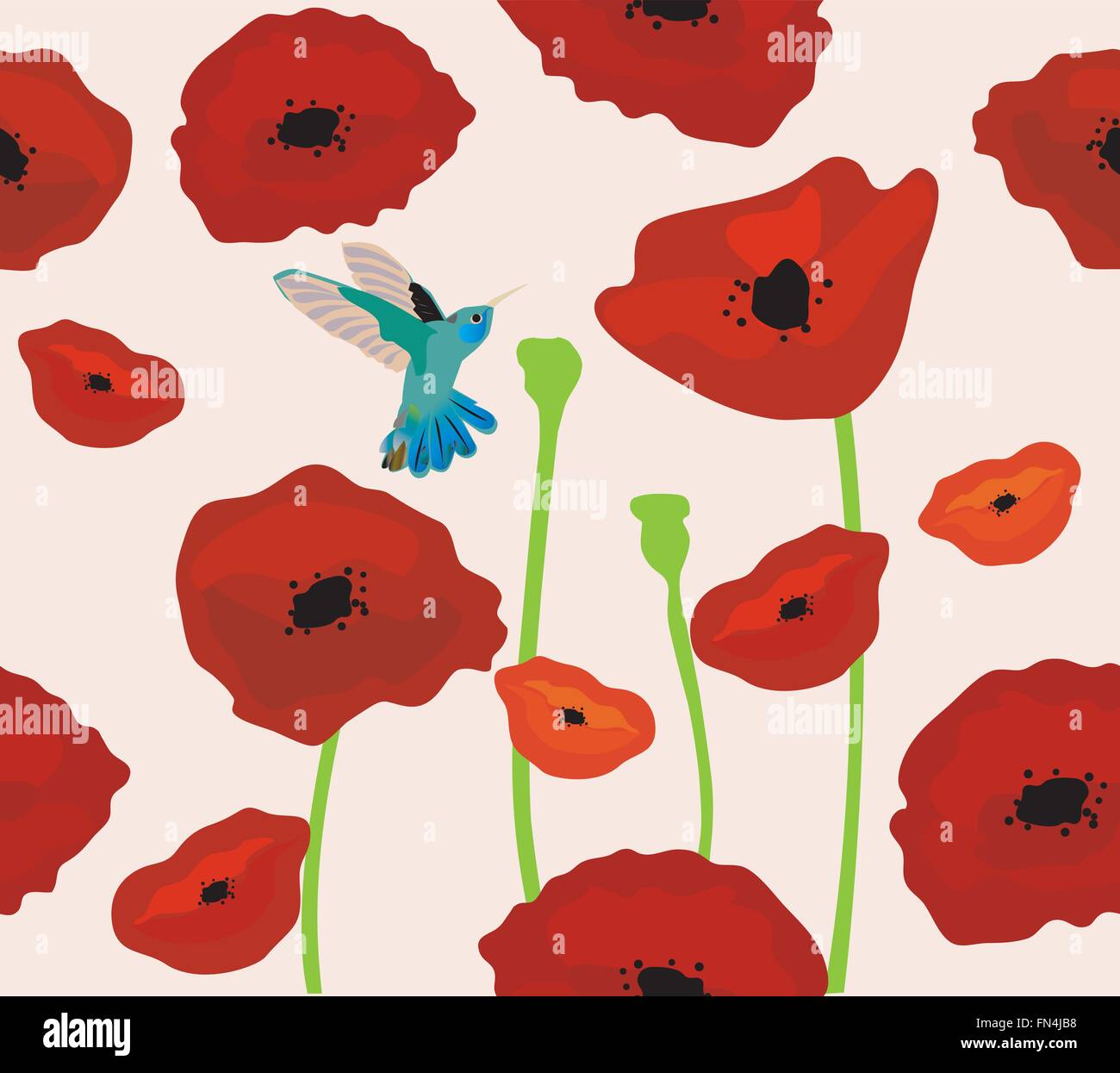 vector illustration of poppies seamless background with hummingbird ...