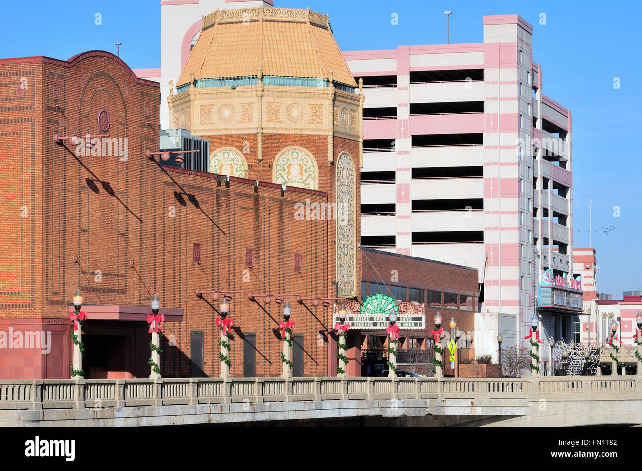 The landmark Paramount Theatre, at left, in Aurora, Illinois. The local ...