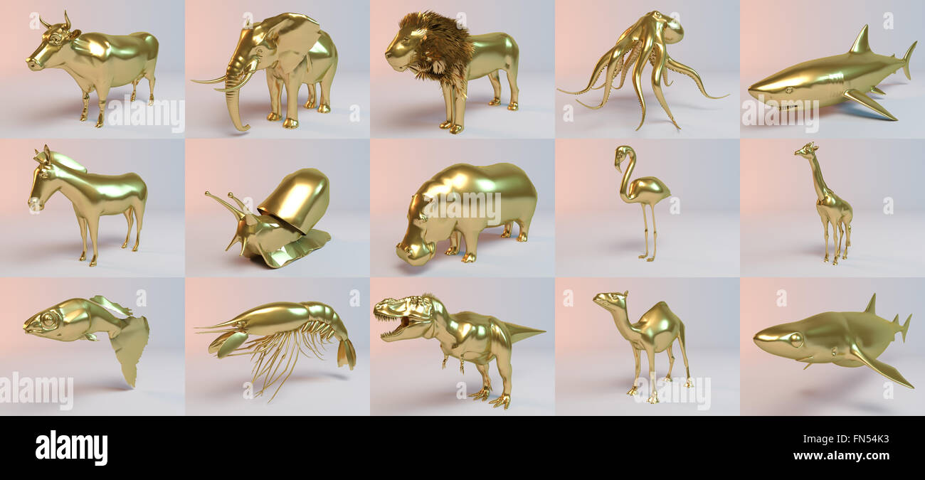Golden 3D animals collection inside a stage with high render quality to ...