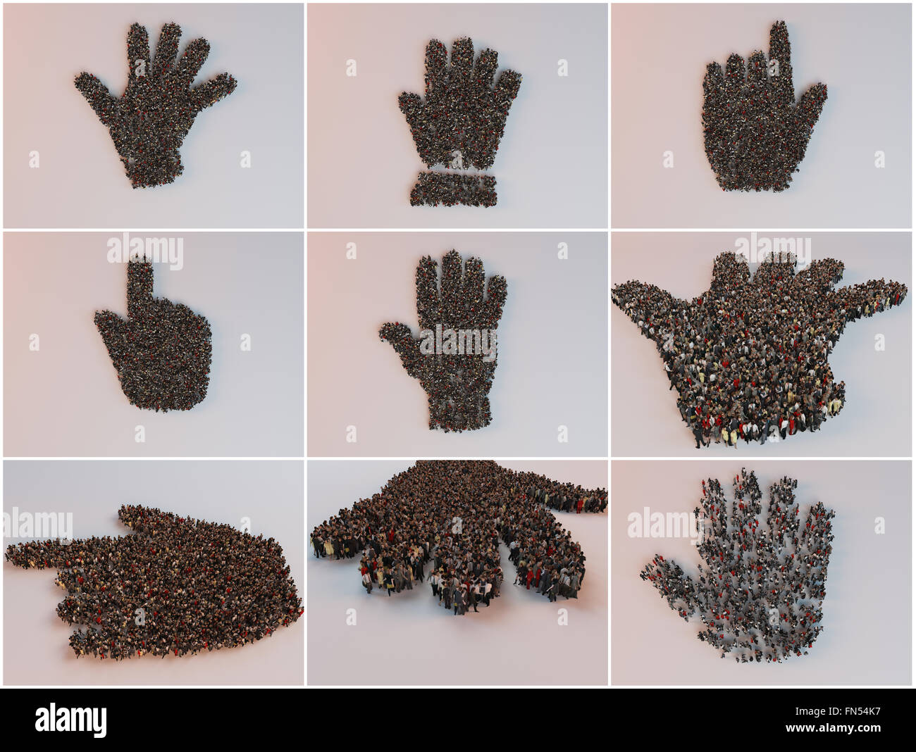 3D human characters forming different hands shapes inside a white stage ...