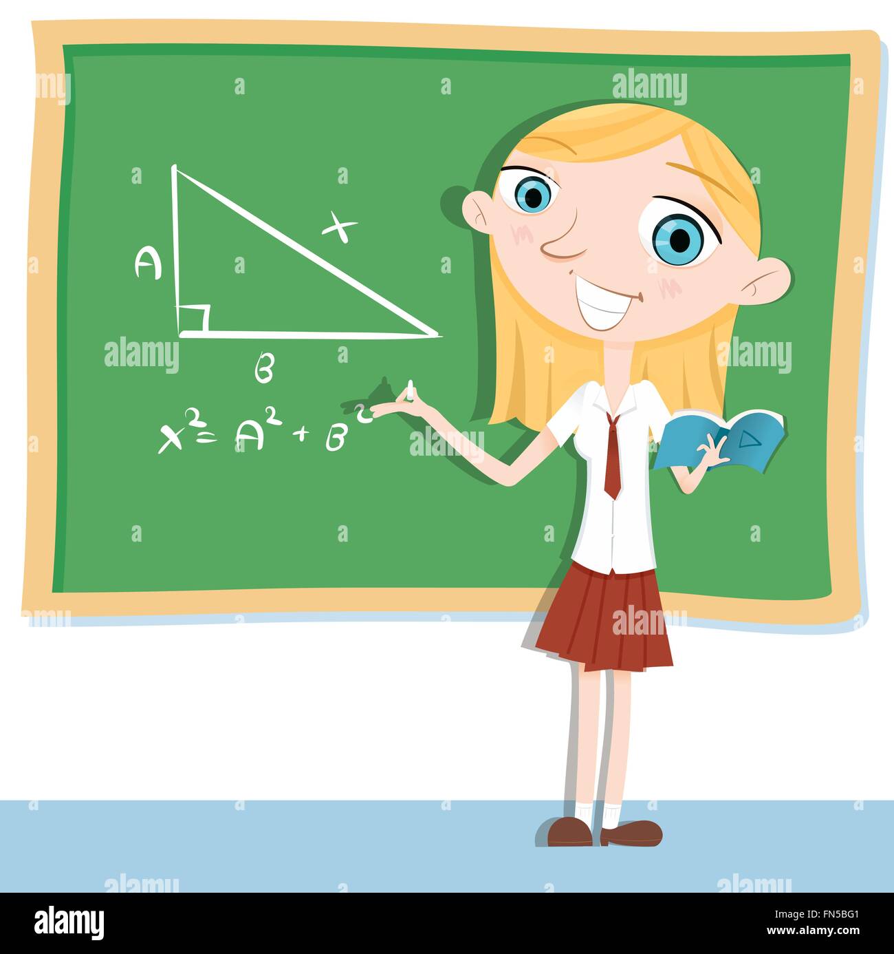 cartoon young student in school uniform standing in front of chalkboard ...