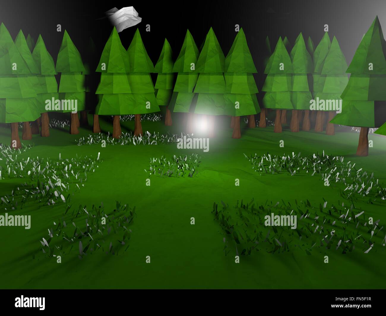 Low poly 3D night landscape with glowing sphere in the middle and ...