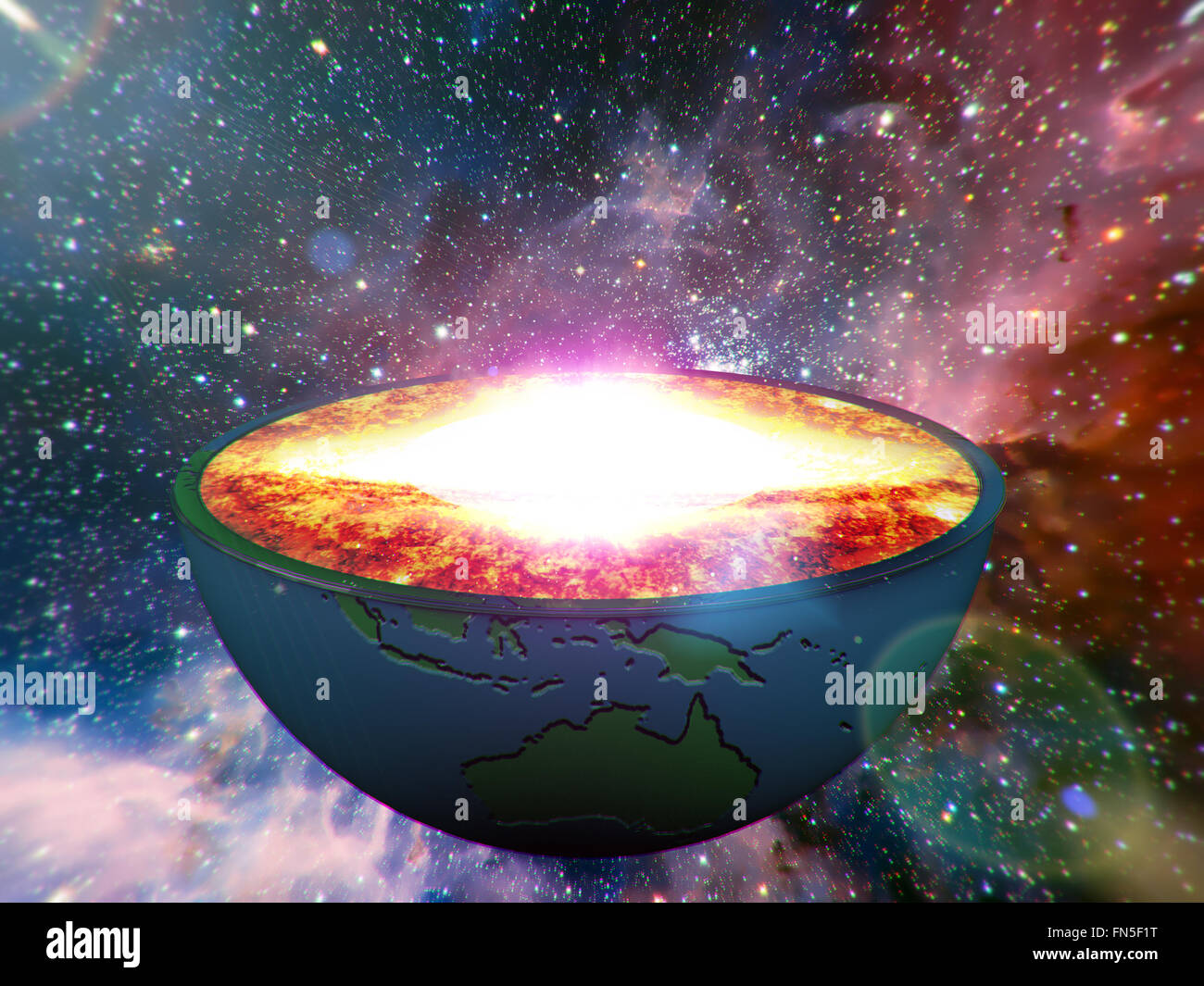 illustration of a sliced earth and an explosion in the middle 3d effect ...