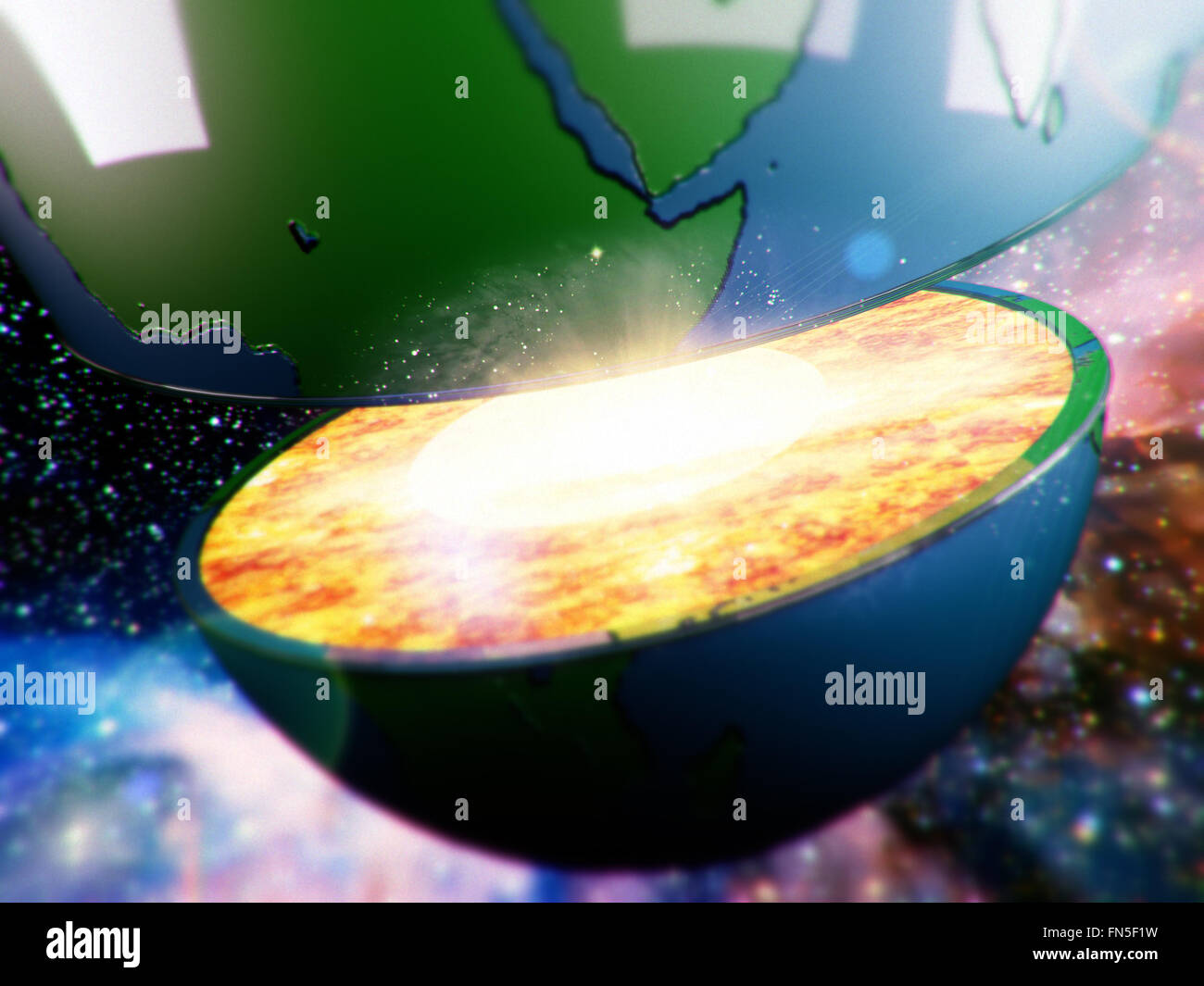 illustration of a sliced earth and an explosion in the middle 3d effect ...