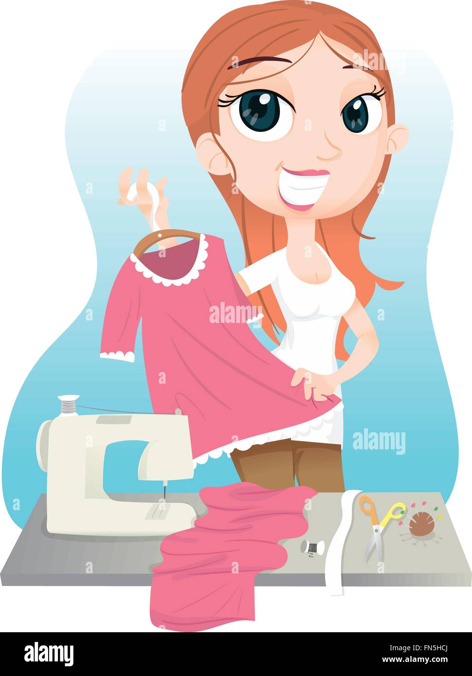 cartoon girl showing her DIY dress with sewing machine Stock Vector ...