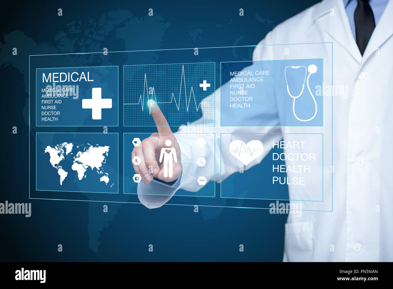 Doctor working on a virtual screen. medical technology concept. pulse ...