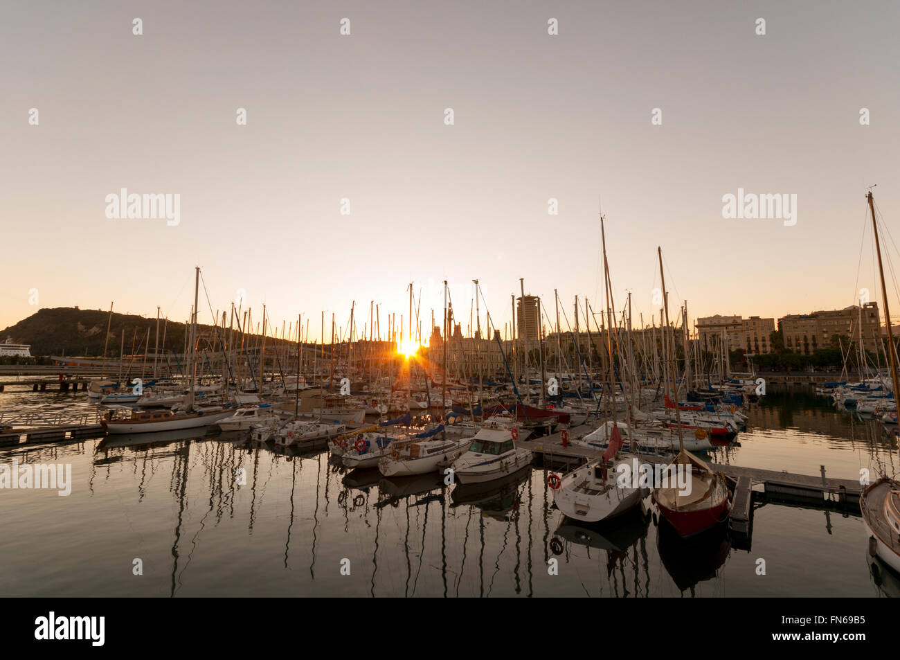 Barcelona, Spain - Oct 11 2011:Sunset over the Marina Port Vell ...