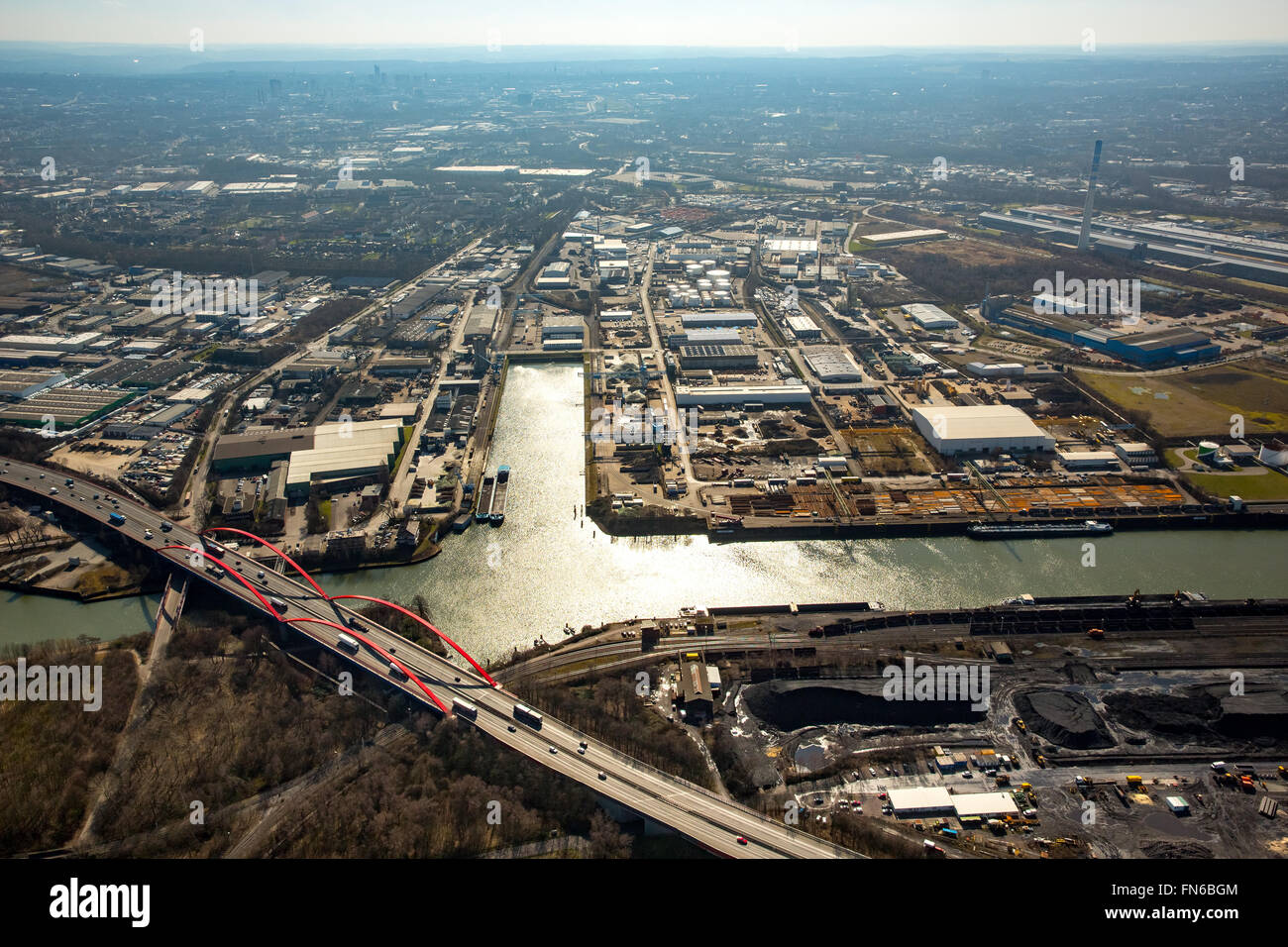 Aerial view, Rhine-Herne Canal and A42 bridge north of the city harbor ...