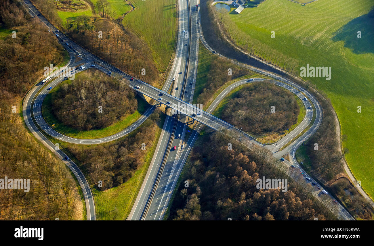 Aerial, Motorway Sprockhövel A43 link road, road patrol, bridge ...