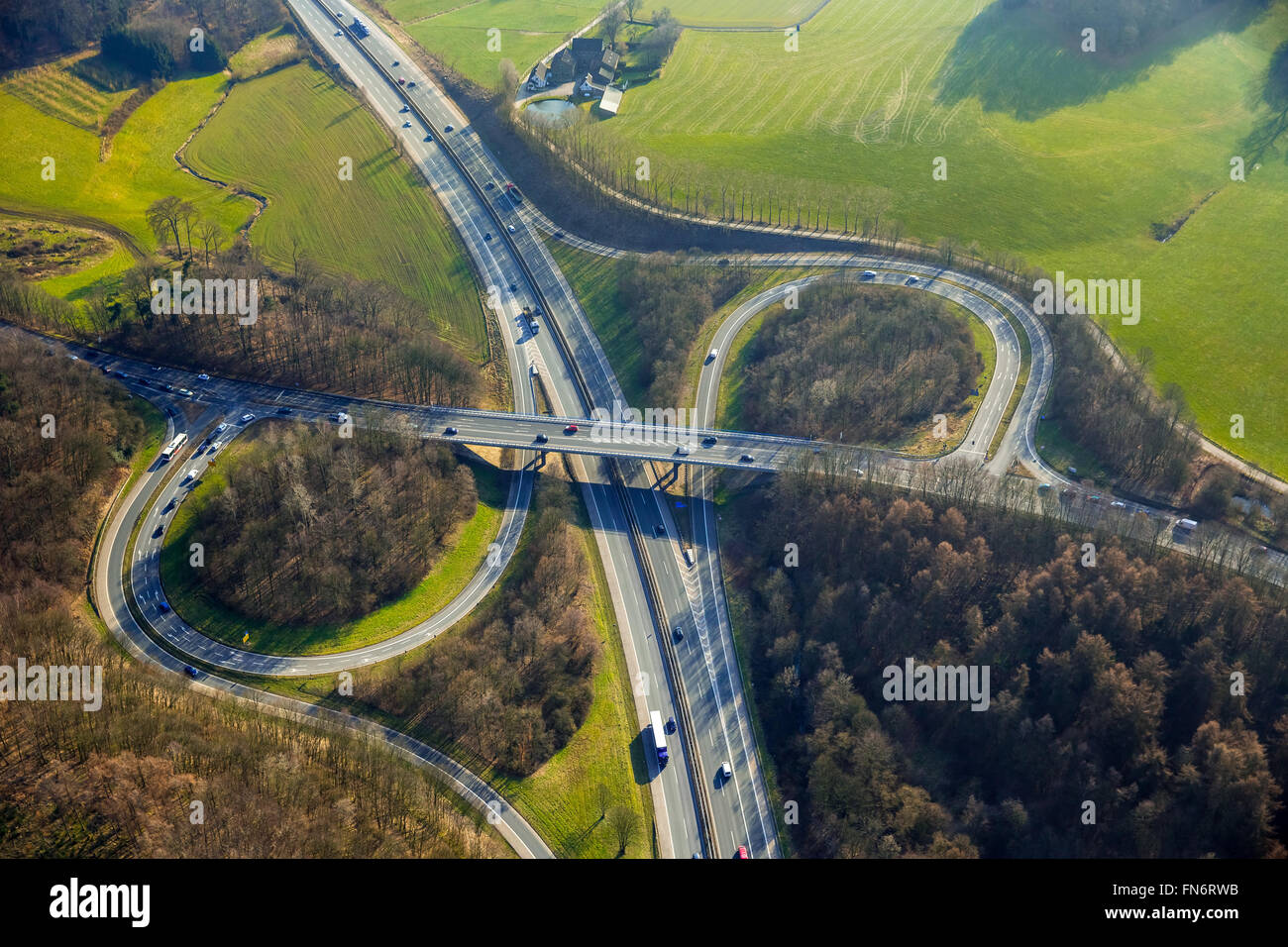Aerial, Motorway Sprockhövel A43 link road, road patrol, bridge ...